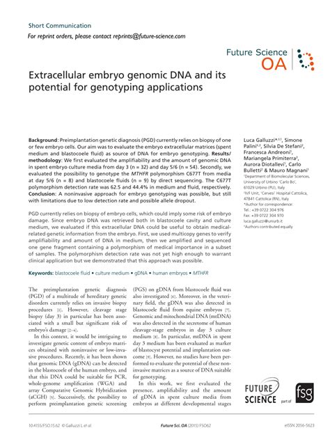 Pdf Extracellular Embryo Genomic Dna And Its Potential For Genotyping
