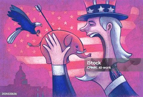 Robot Uncle Sam Going To Eat Red Elephant Stock Illustration Download