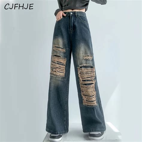 Cjfhje Blue High Waist Ripped Jeans Women Korean Fashion Loose Wide Leg