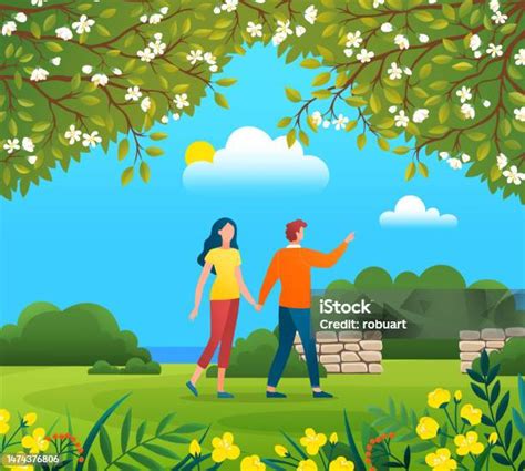 숲이나 공원에서 산책하는 커플 연인 남자와 여자 데이트 낭만적 인 산책 산책로 야외 경보에 대한 스톡 벡터 아트 및 기타 이미지