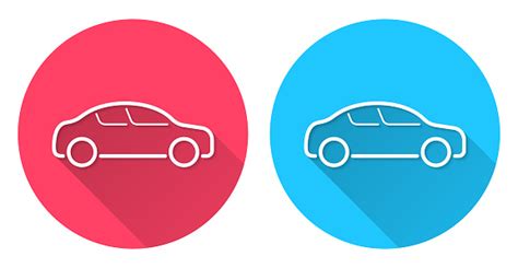 자동차 측면도 빨간색 또는 파란색 배경에 긴 그림자가 있는 둥근 아이콘 Brand Name Domestic Car에 대한 스톡 벡터 아트 및 기타 이미지 Brand
