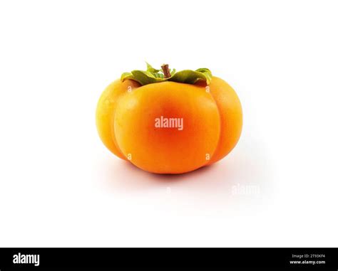 Photo Of A Ripe Fuyu Asian Persimmon With Leaves And Stem Intact Stock