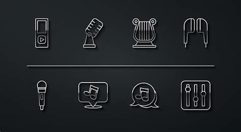 라인 음악 플레이어 마이크 에어 헤드폰 음표 음색 사운드 믹서 컨트롤러 및 고대 그리스 거문고 아이콘을 설정합니다 벡터 0명에 대한 스톡 벡터 아트 및 기타 이미지 Istock