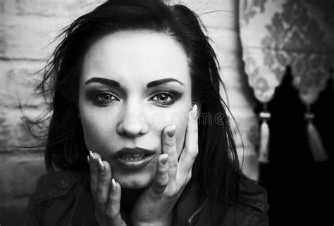 Brunette With Smeared Lipstick On Her Face Stock Image Image Of