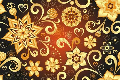 Vector Seamless Valentine Floral Pattern With Gold Vintage Curls Stock