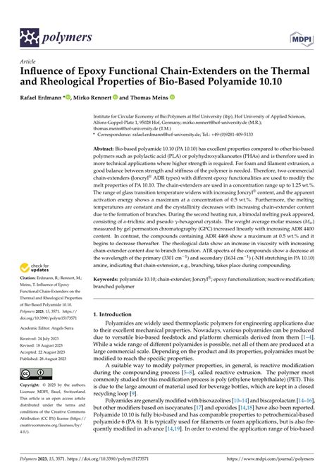 Pdf Influence Of Epoxy Functional Chain Extenders On The Thermal And Rheological Properties Of
