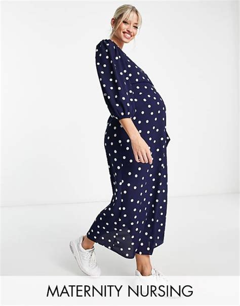 Asos Design Maternity Nursing Wrap Midi Dress In Navy Spot Asos