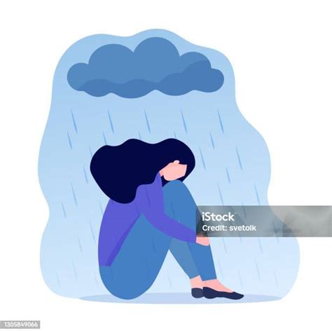 은유적인 비오는 구름 아래 앉아 있는 젊은 우울한 여자 외로운 슬픈 여성이 무릎을 껴안고 있다 우울증의 개념 정신 건강 심리학