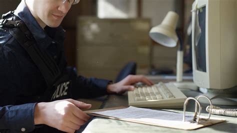 Police Officer Typing On Vintage Computer In Stock Footage Sbv