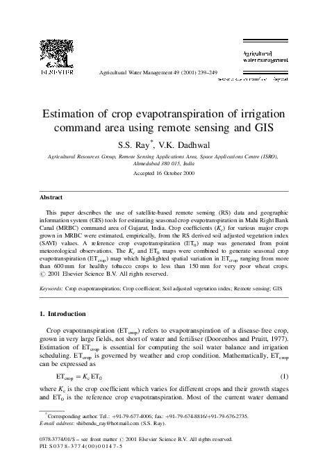 Pdf Estimation Of Crop Evapotranspiration Of Irrigation Command Area Using Remote Sensing And Gis