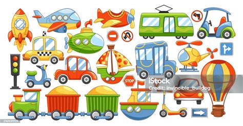 다양한 운송 차량의 다채로운 만화 세트 벡터 자동차 기차 비행기 열기구 보트 및 스쿠터 어린 시절에 대한 스톡 벡터 아트 및 기타 이미지 Istock