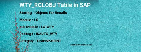 Wtyrclobj Sap Table For Objects For Recalls