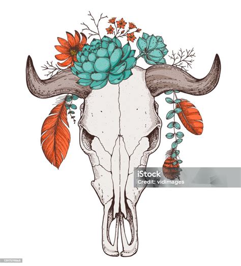 버팔로 해골과 꽃이 손으로 그린 그림 와일드 웨스트 프린트 벡터 일러스트레이션 문신 빈티지 인쇄 버팔로 해골과 꽃다발 티셔츠 디자인 개척시대의 서부에 대한 스톡 벡터 아트