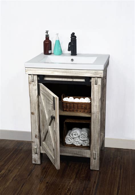 24 Rustic Solid Fir Barn Door Style White Wash Vanity With Ceramic