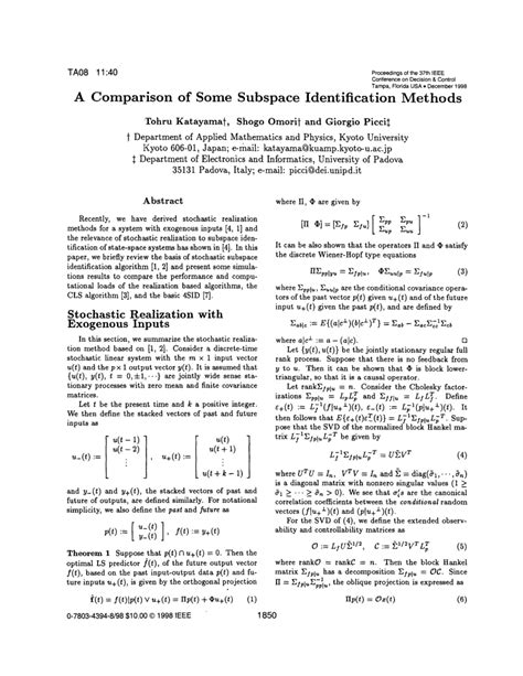 Pdf Comparison Of Some Subspace Identification Methods