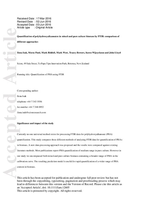 Pdf Quantification Of Polyhydroxyalkanoates In Mixed And Pure Culture Biomass By Ftir