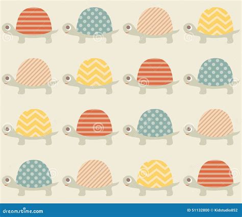 Seamless Cute Turtle Cartoon Print With Geometric Pattern Vector Illustration CartoonDealer