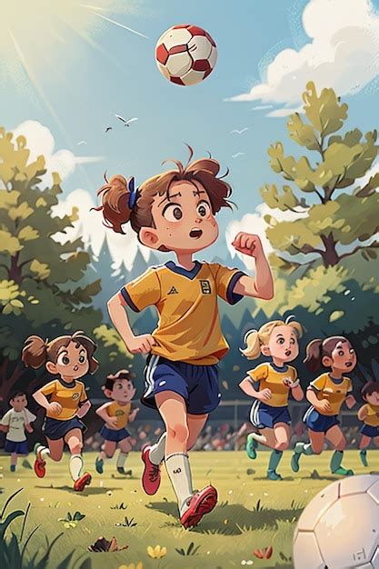 Niña jugando al fútbol con amigos en el campus infancia feliz fondo de papel tapiz de dibujos