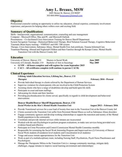 Clinical Mental Health Resume With Active Licensure Lpc Docx