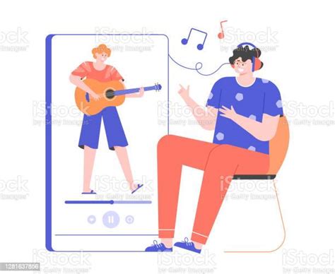 헤드폰을 가진 남자는 스마트 폰에서 클래식 음악을 듣습니다 기타리스트가 콘서트를 한다 벡터 플랫 일러스트레이션 라디오에 대한