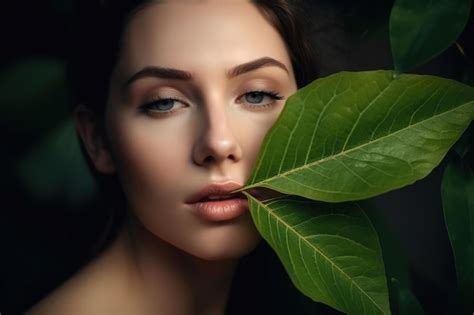 Premium AI Image A Woman With A Green Leaf In Her Mouth