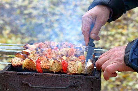 남자 손으로 회전 고기 조각 화로 구이에 구운 숯 위에 바비큐 그릴을 준비 하는 양념 고기에 대한 스톡 사진 및 기타 이미지 고기 구이 굽기 Istock