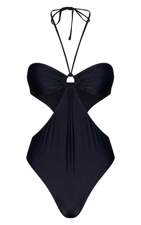 Black O Ring Halter Neck Cut Out Swimsuit Prettylittlething Qa