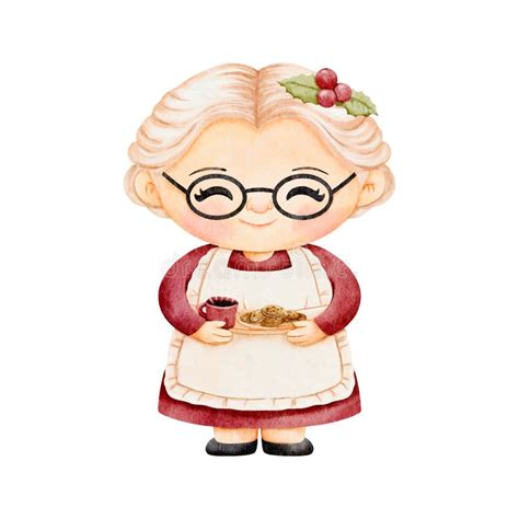 Watercolor Christmas With Adorable Smiling Mrs Claus Holding Chocolate