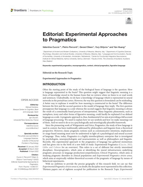 Pdf Editorial Experimental Approaches To Pragmatics