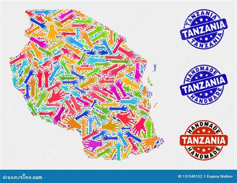 Hand Composition Of Tanzania Map And Scratched Handmade Seals Stock