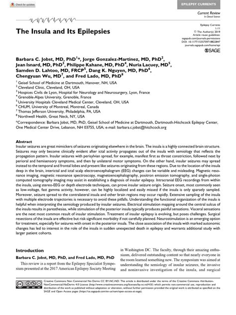 The Insula And Its Epilepsies In Clinical Science Pdf Insular