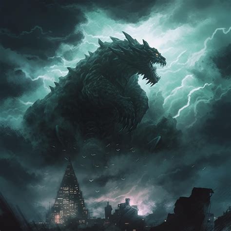 Premium Ai Image Godzilla Rising Over A City At Night With Lightning
