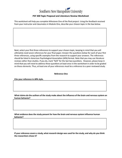 Psy 300 Topic Proposal And Literature Review Worksheet Using The Feedback Received From Your