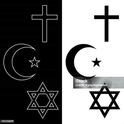 아브라함 종교 아이콘 세트 유대교 기독교 이슬람 기독교 십자가 이슬람 초승달과 다윗의 유대인 별 라인 아트 검은 색 흰색 배경에