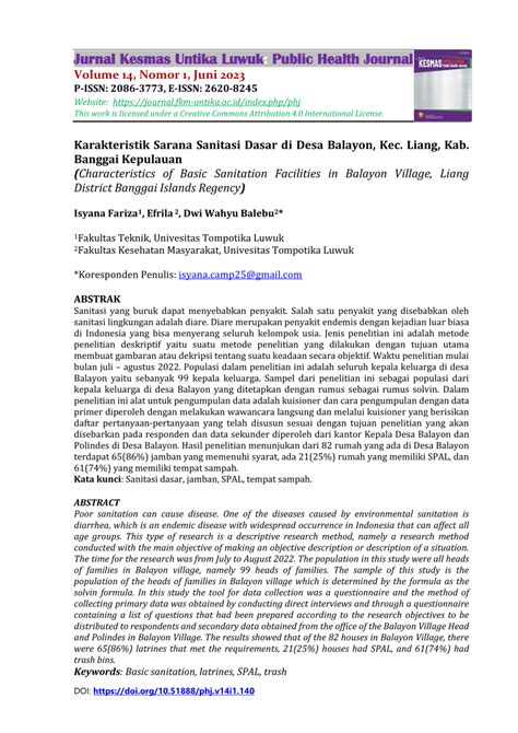 Pdf Karakteristik Sarana Sanitasi Dasar Di Desa Balayon Kec Liang