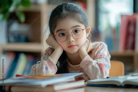 A Young Girl Looks Thoughtfully At Her Books While Resting Her Head On
