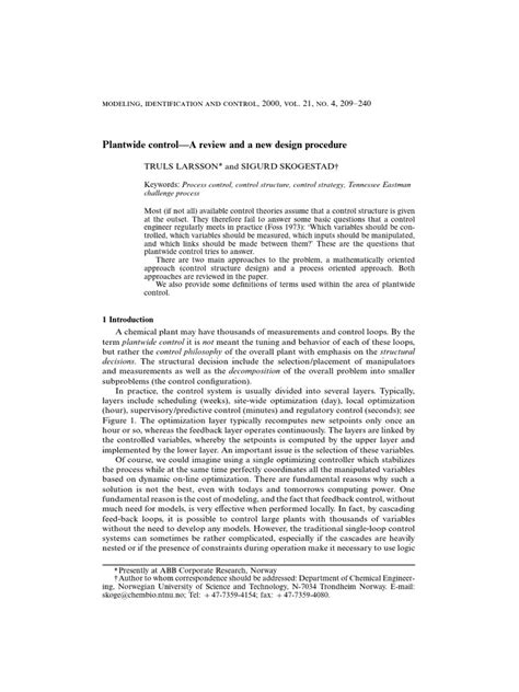 Larsson And Skogestad Plantwide Control A Review And A New Design Procedure Download Free