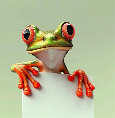 A Green Frog With Red Eyes On White Wall Surrounded By Nature Stock