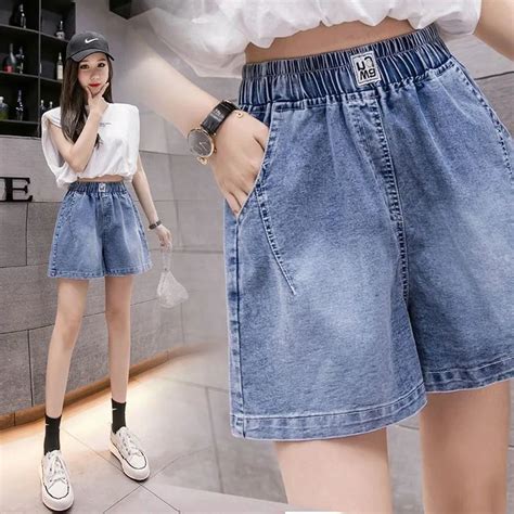 Elastic Waist Denim Shorts Womens Summer Thin Loose Korean High Waist