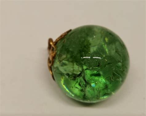 Vintage Buttons 1 Heavy Weight Unique Green Glass Ball Gold Filigree