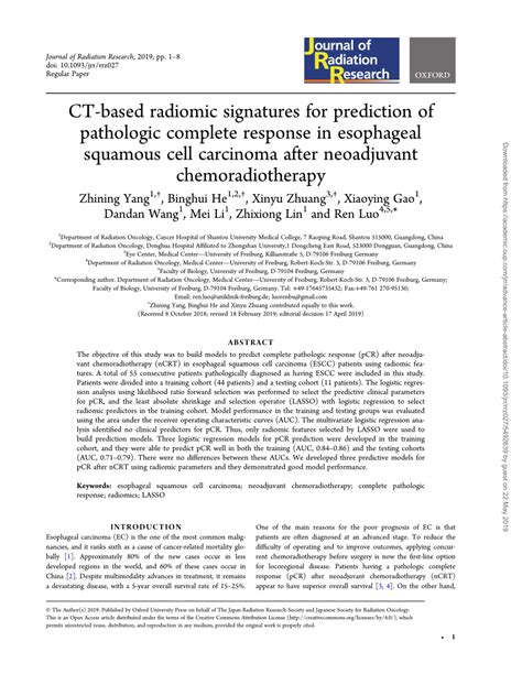 Pdf Ct Based Radiomic Signatures For Prediction Of Pathologic Complete Response In Esophageal