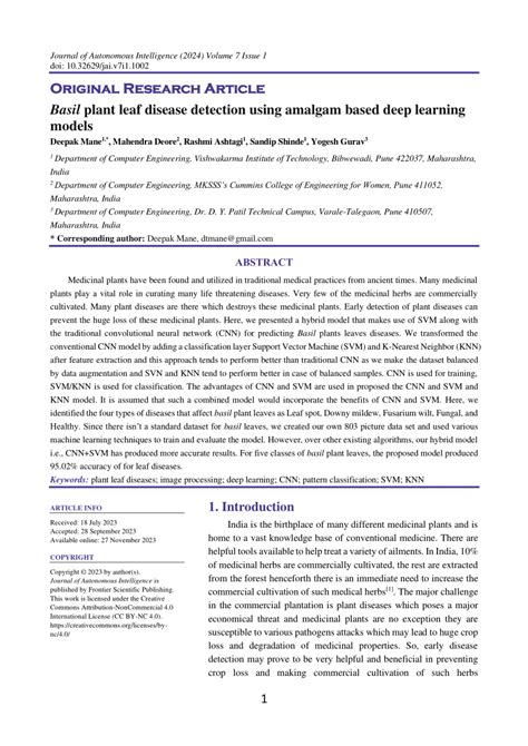 Pdf Basil Plant Leaf Disease Detection Using Amalgam Based Deep