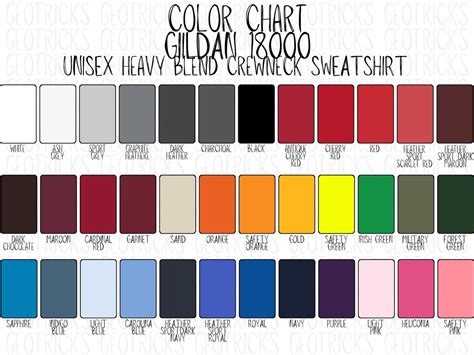 Gildan 18000 Color Chart Color Chart For Gildan White Background Gildan