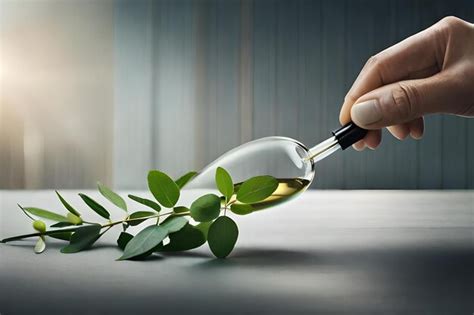 Una Mano Sostiene Un Vaso Con Aceite De Oliva Y Una Hoja De Aceite De
