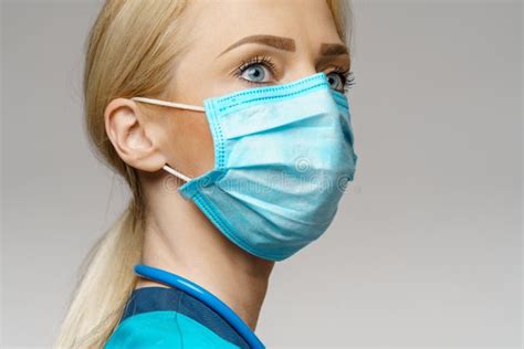 Medical Doctor Nurse Woman With Stethoscope Wearing Protective Mask And
