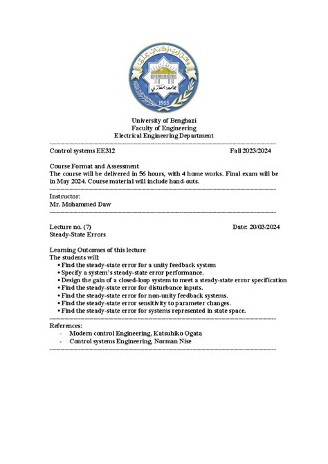 Steady State Errors Explanation Examples University Of Benghazi