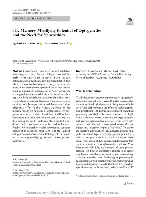Pdf The Memory Modifying Potential Of Optogenetics And The Need For