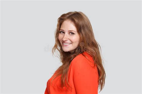 Perfect Redhead Woman Smiling And Looking At Camera On White Background Stock Photo Image Of
