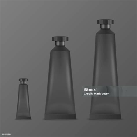벡터 3d 사실적인 플라스틱 금속 검은 치아 페이스트 크림 튜브 검은 배경에 격리 된 포장 세트 치약의 디자인 템플릿 화장품