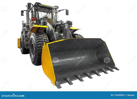 Yellow Bulldozer Tractor With A Large Bucket In Front Isolated On